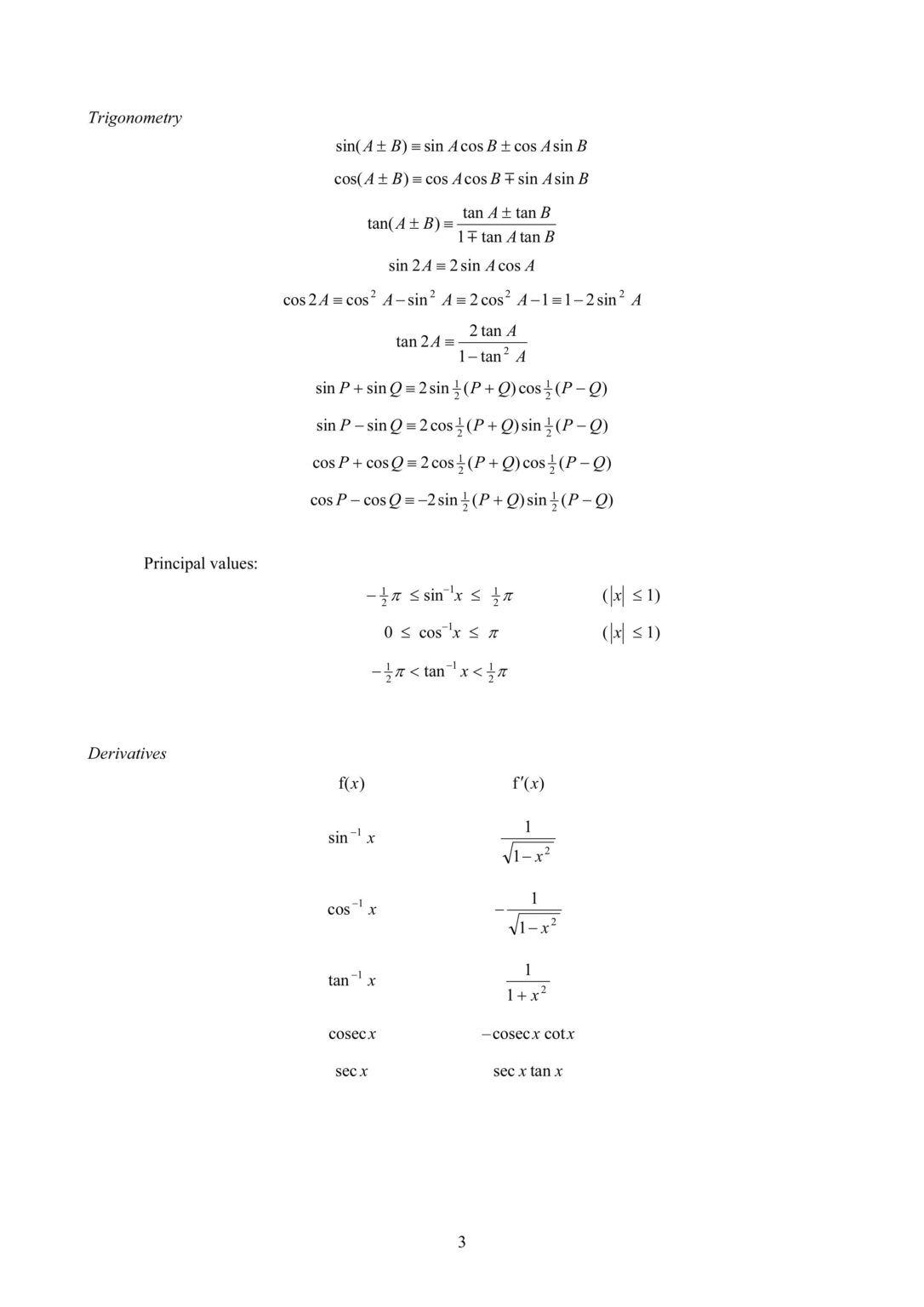 MF26 Formula Sheet For JC A Level Mathematics H1 H2 H3 MF26 Formula Sheet For JC A Level Mathematics H1 H2 H3