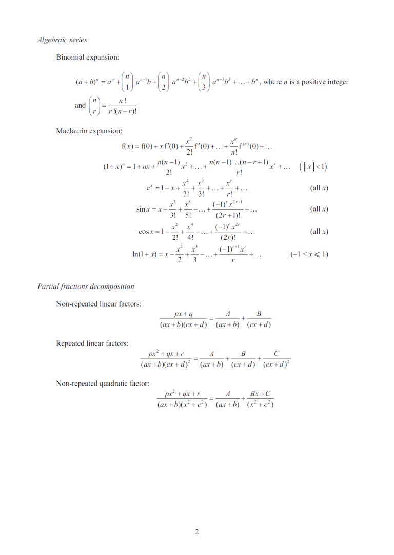 MF27 Formula Sheet for JC A-Level Mathematics (H1, H2, H3)