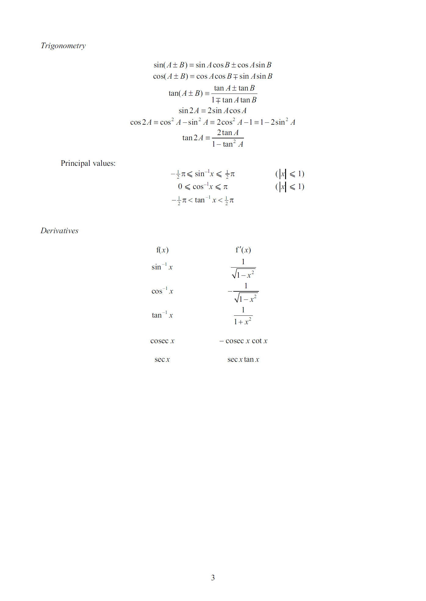 MF27 Formula Sheet for JC A-Level Mathematics (H1, H2, H3)